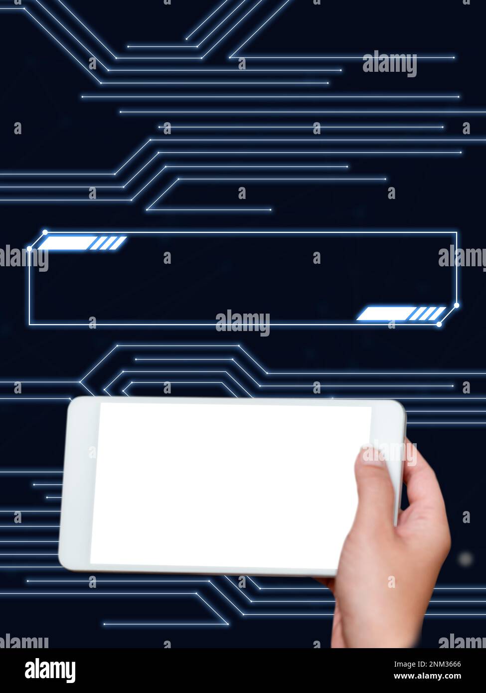 Hand Holding mobile phone presenting New Futuristic Technologies. Palm ...