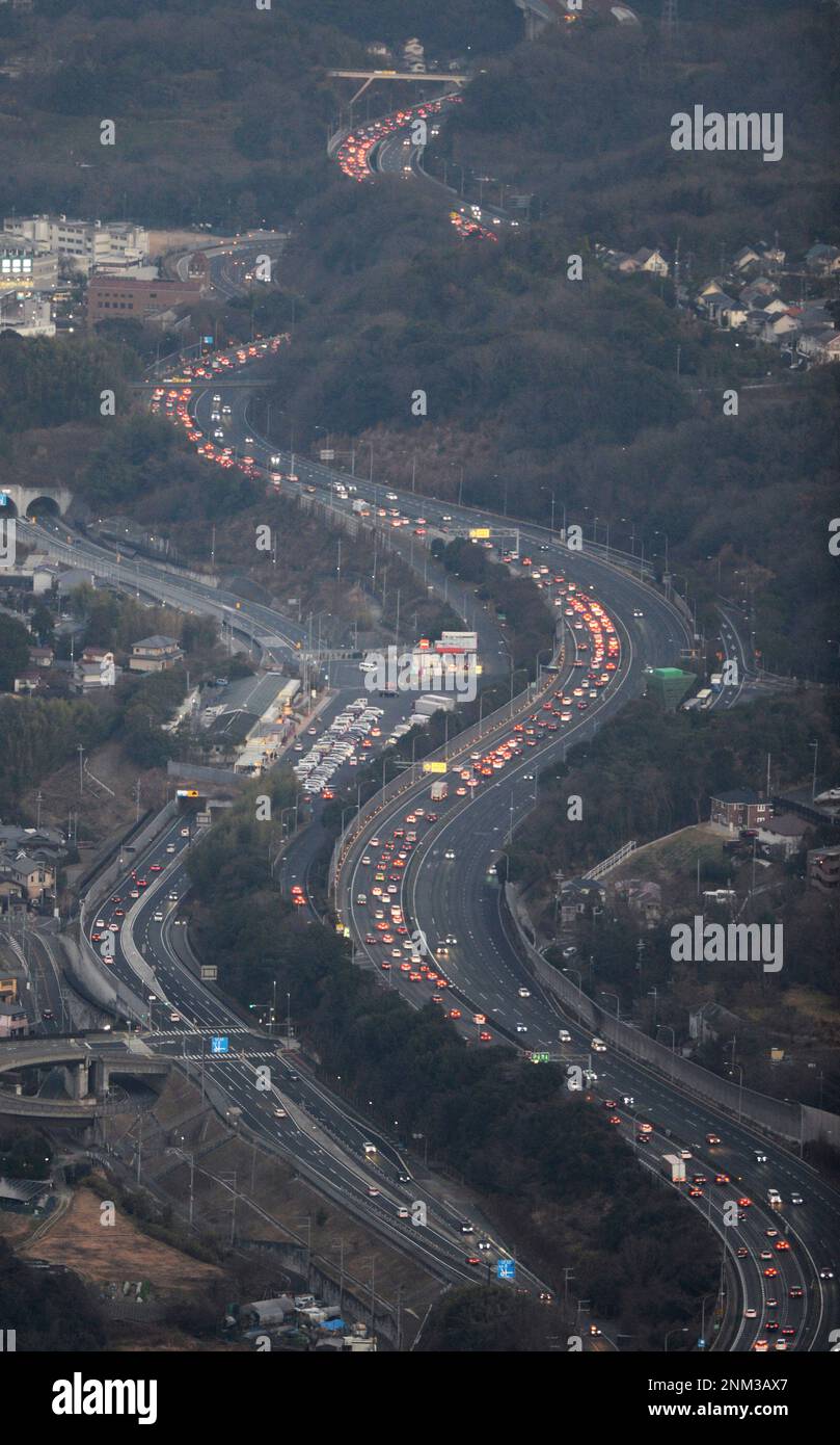 An aerial photo shows CHUGOKU EXPRESSWAY which is congested by cars ...