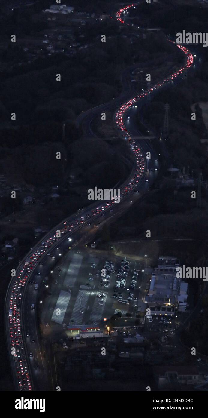 An aerial photo shows Chuo Expressway which is congested by cars ...