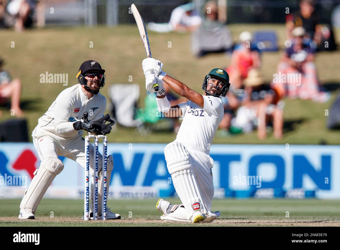 Najmul Hossain Shanto of Bangladesh hits a 6 on day two of the first ...