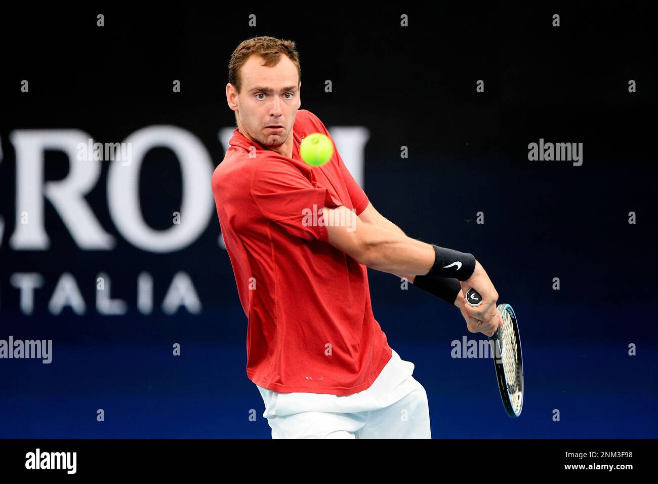 SYDNEY, AUSTRALIA - JANUARY 02: Roman Safiullin of Russia plays a ...