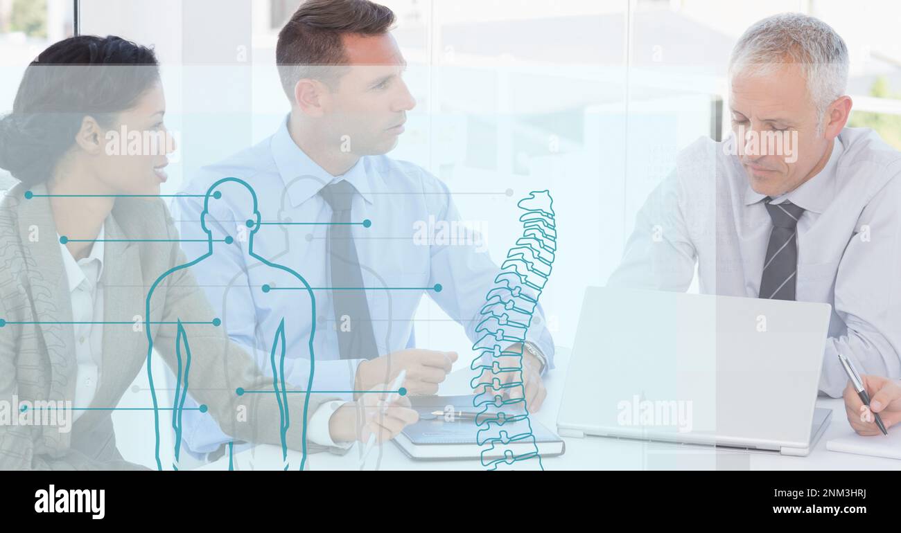 Composition of happy diverse business team in meeting over interface ...
