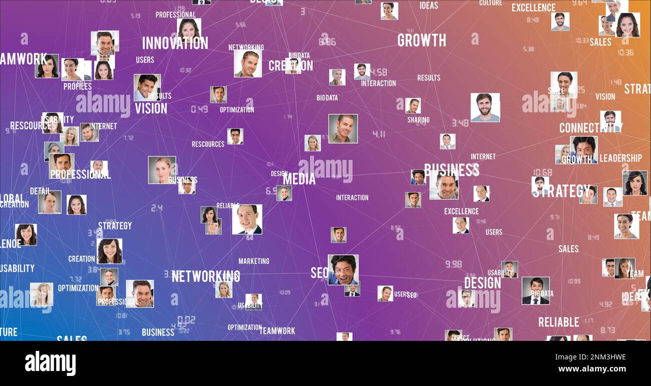 Composition of people's photographs, business text with network of ...