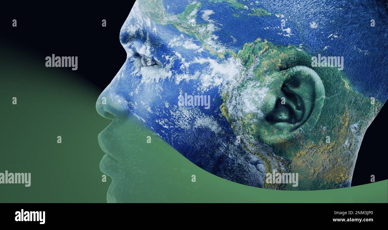 Composition of planet earth on man's face over green background. global ...