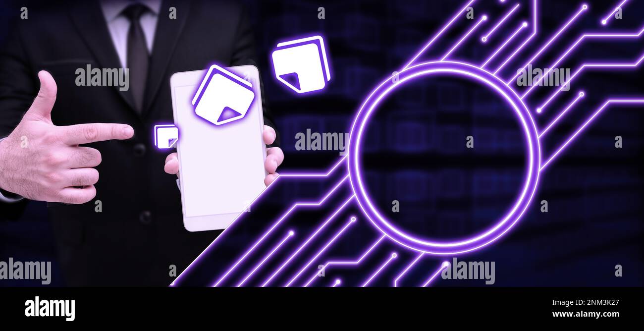 Man holding Mobile Phone Pointing to Screen Showing The Futuristic ...
