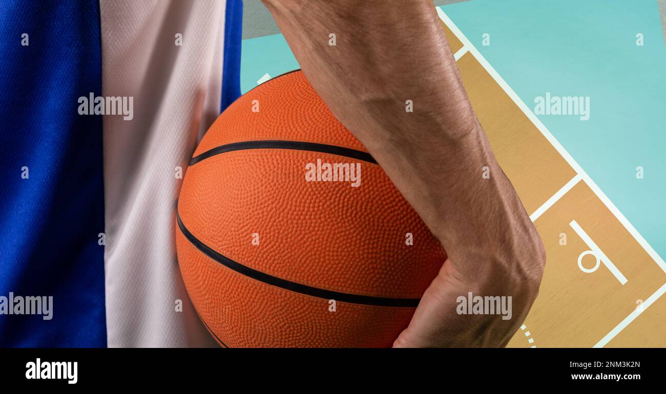 Composition of midsection of male basketball player with ball over ...