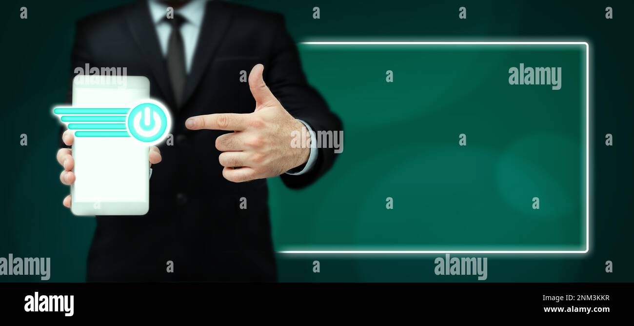 Man holding Mobile Phone Pointing to Screen Showing The Futuristic ...