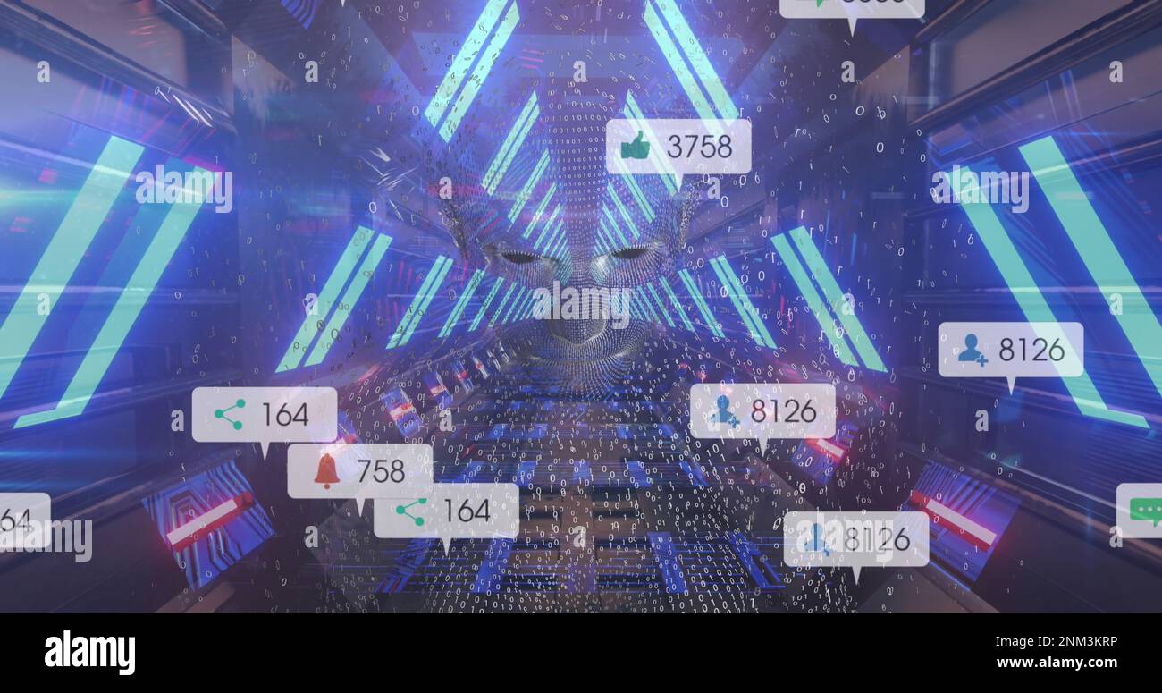 Image of media icons and binary coding over digital human and digital tunnel Stock Photo - Alamy