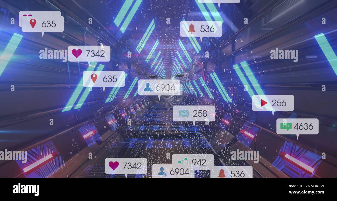 Image of media icons and binary coding over digital human and digital tunnel Stock Photo - Alamy