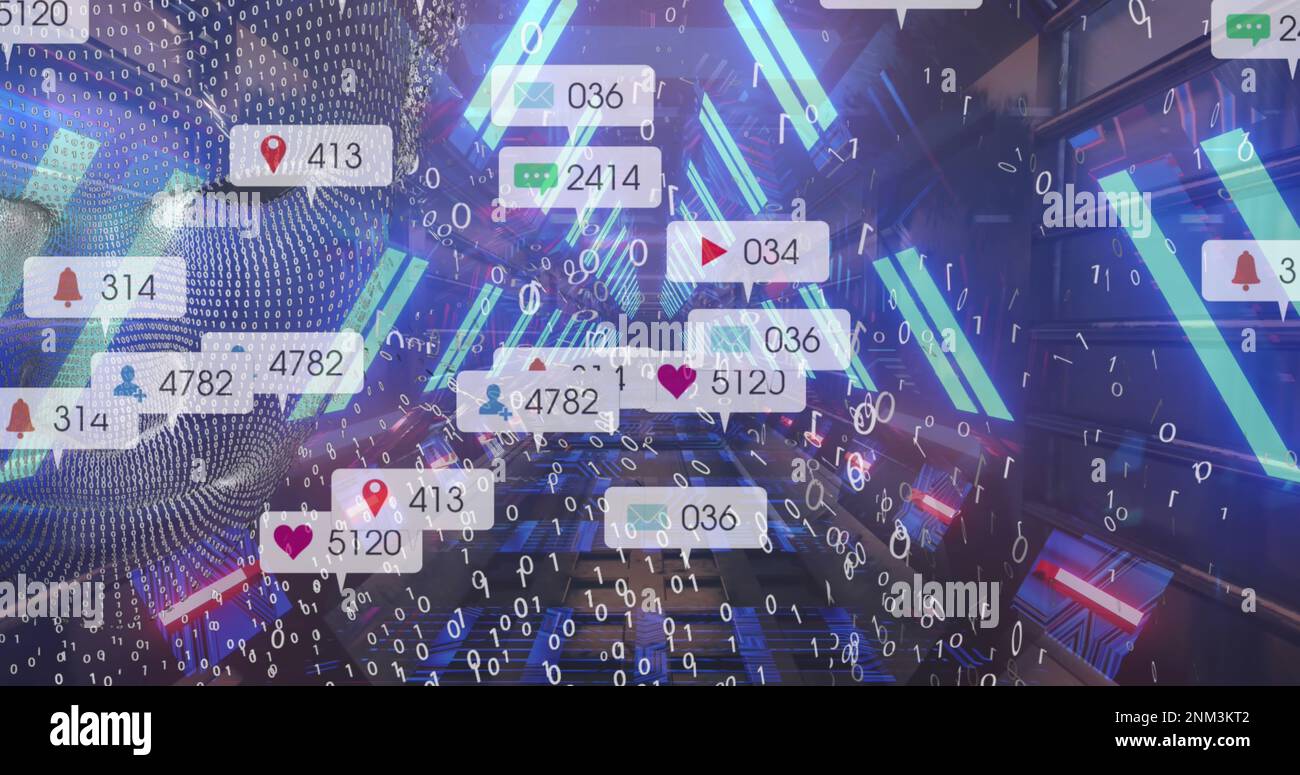 Image of media icons and binary coding over digital tunnel Stock Photo - Alamy