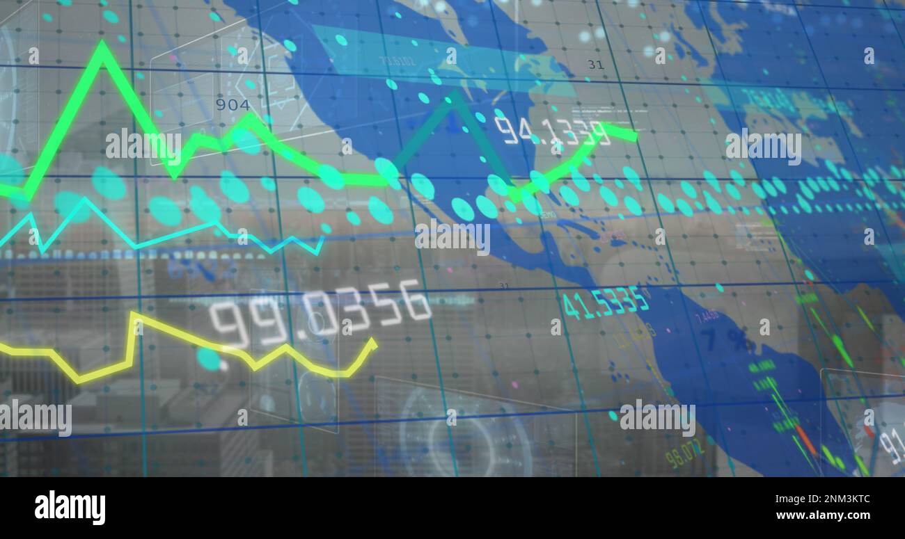 Animation world map over city hi-res stock photography and images - Alamy