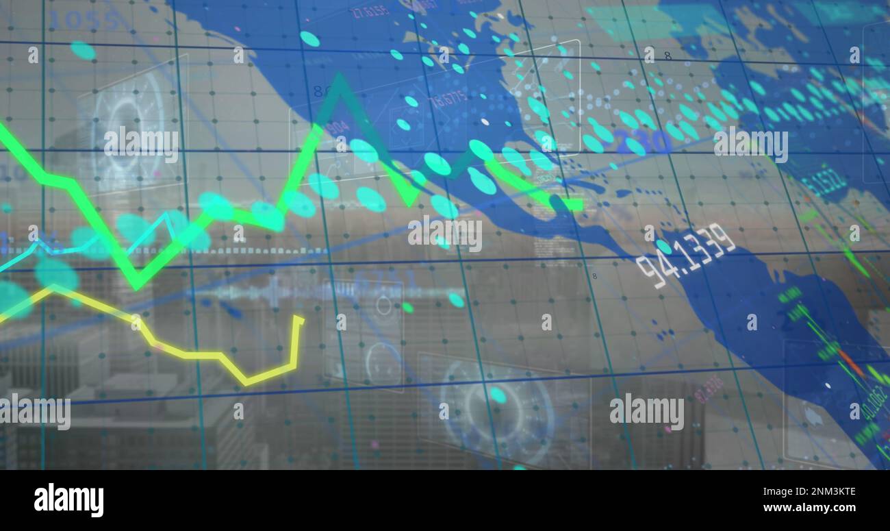 Animation world map over city hi-res stock photography and images - Alamy