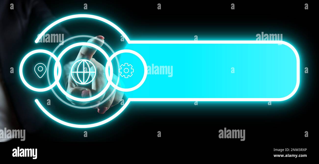 Lady In Suit Standing Pointing On virtual button. Showing Futuristic ...