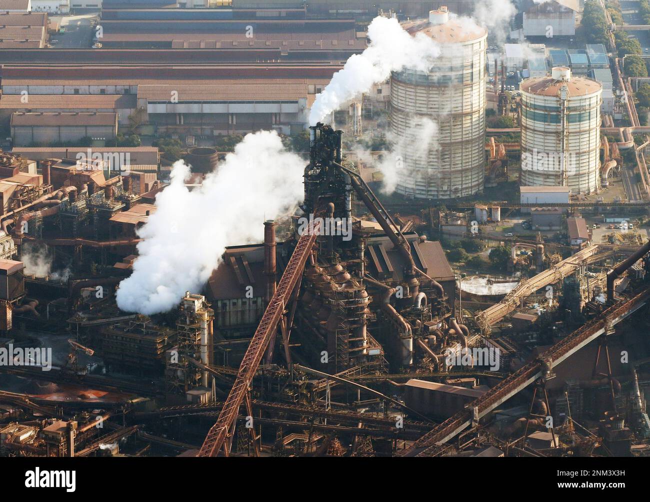 An aerial photo shows shaft furnaces at Nippon Steel Nagoya Works in ...