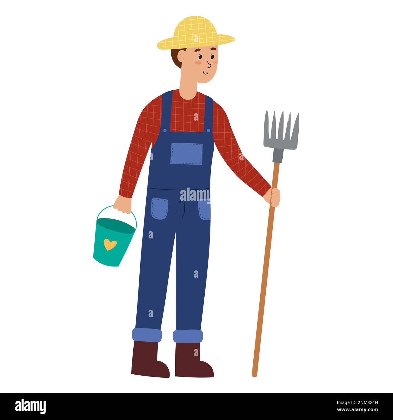 Farmer with a bucket and a spading fork isolated element. Farm man ...