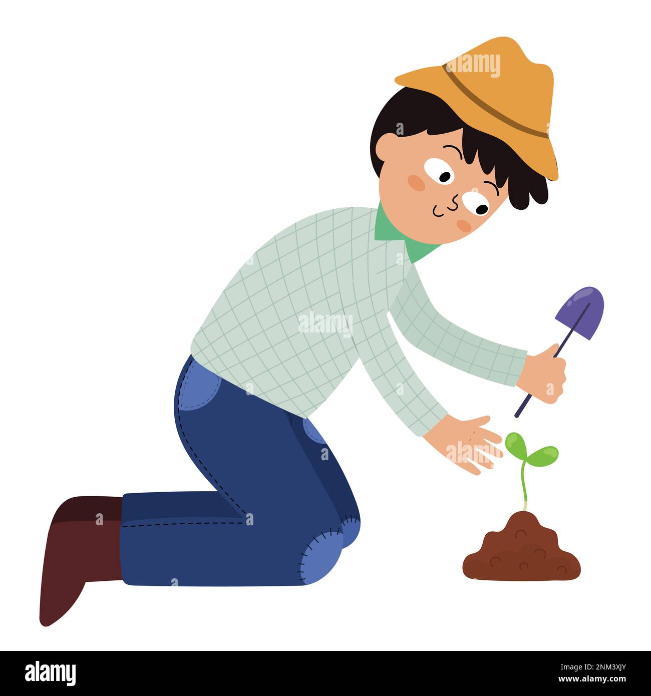 Boy planting tree in cartoon style. Person spuds a sprout with a spade ...