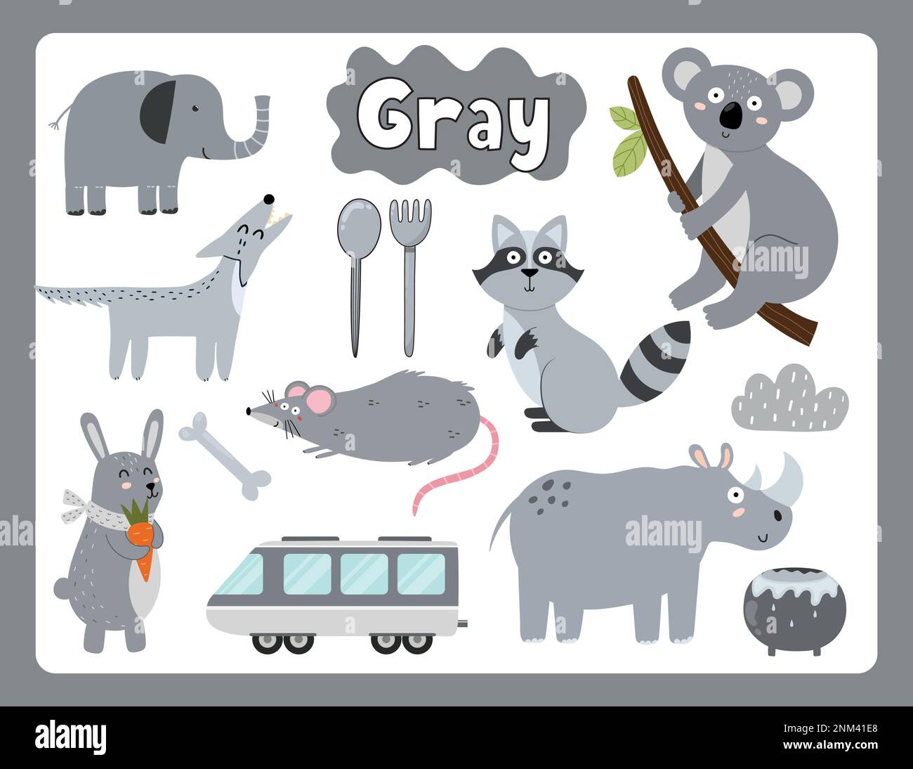 Set of gray color objects. Primary colors flashcard with gray elements ...