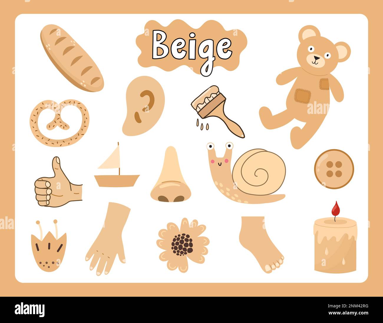 Set of beige color objects. Primary colors flashcard with beige ...