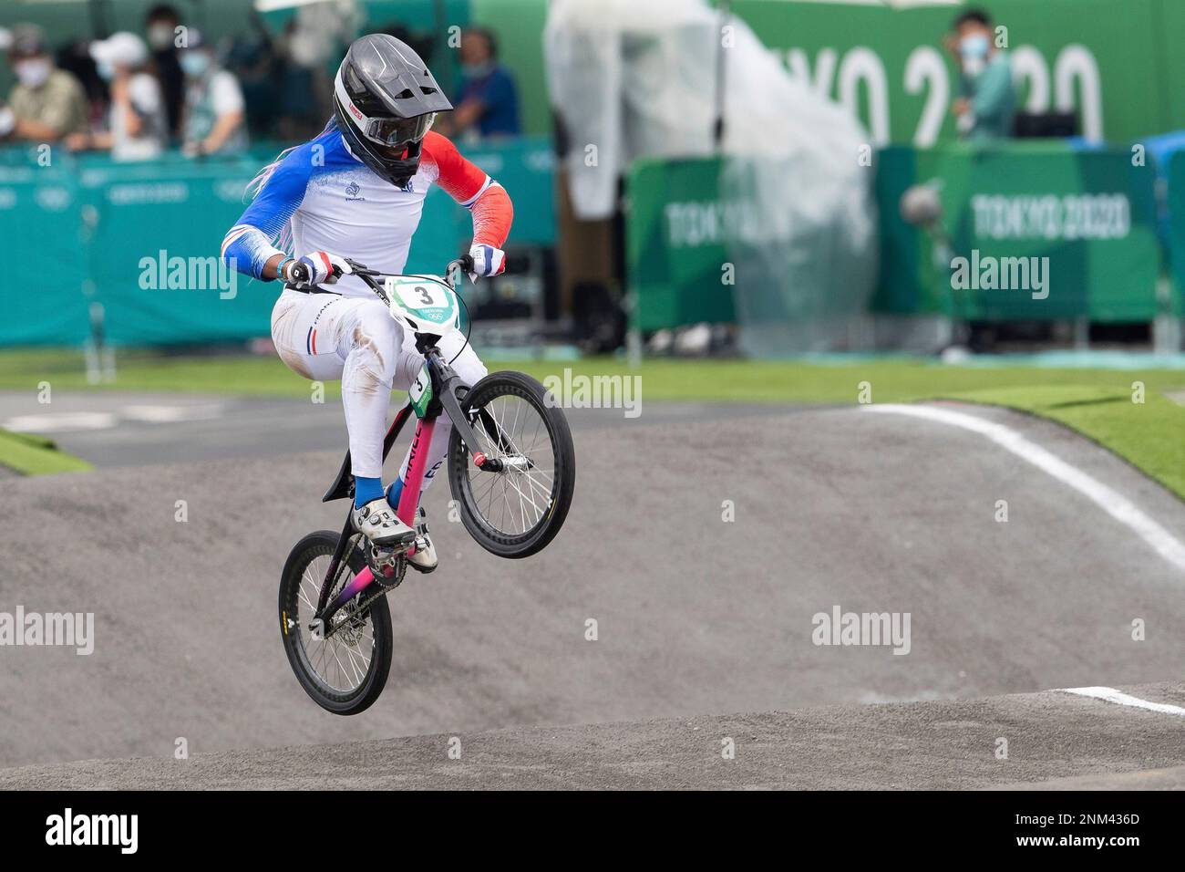 July 30, 2021: Axelle Etienne (3) of France takes air in BMX racing ...