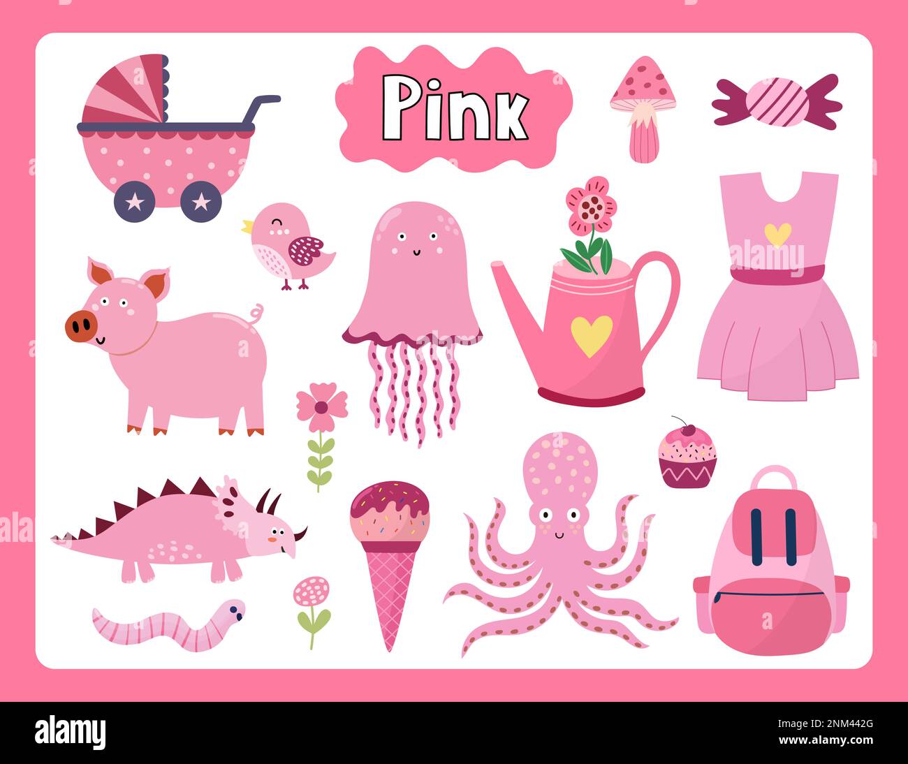 Set of pink color objects. Primary colors flashcard with pink elements ...