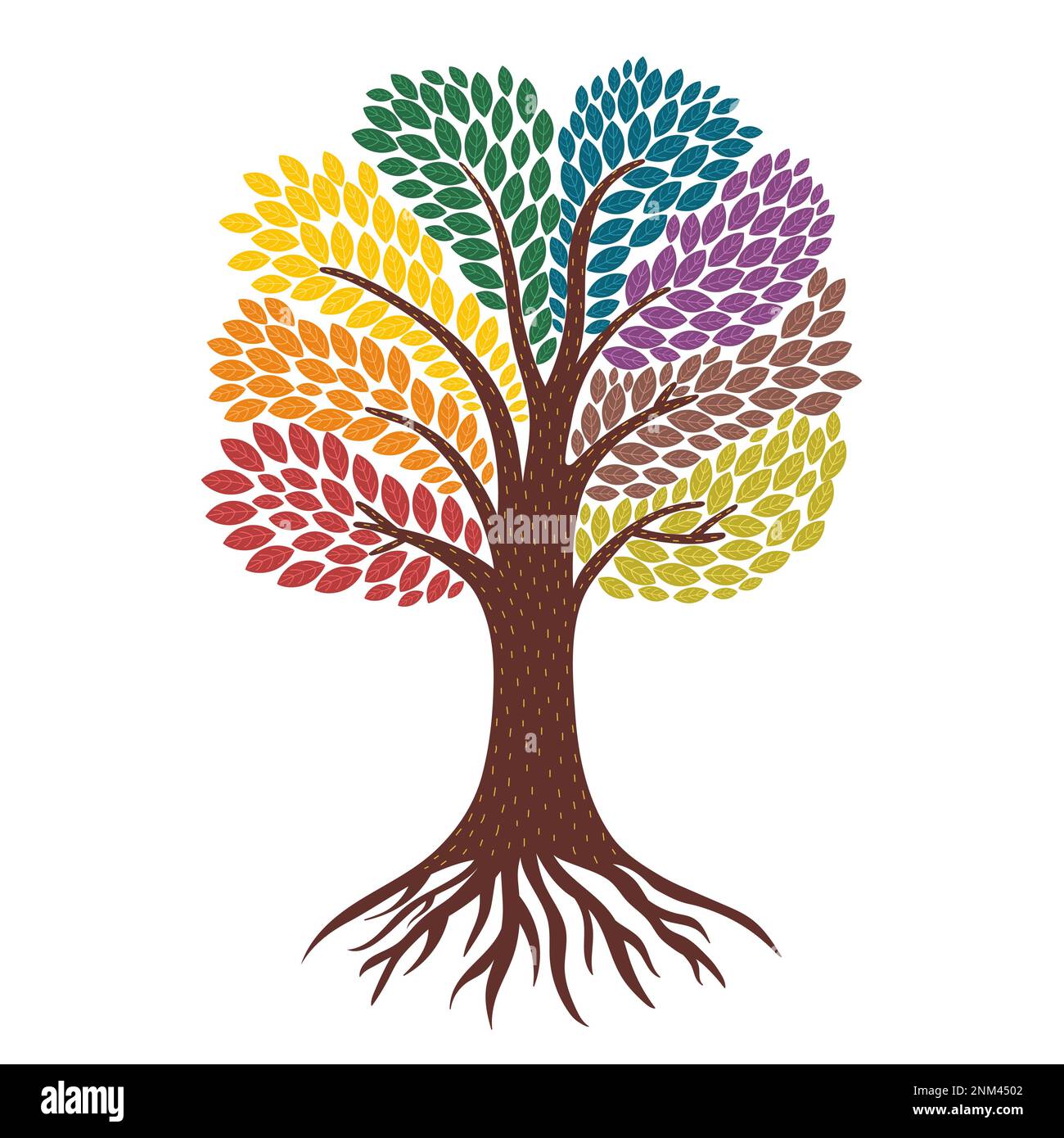 Tree of life with roots and rainbow coloured leaves. Forest element in ...