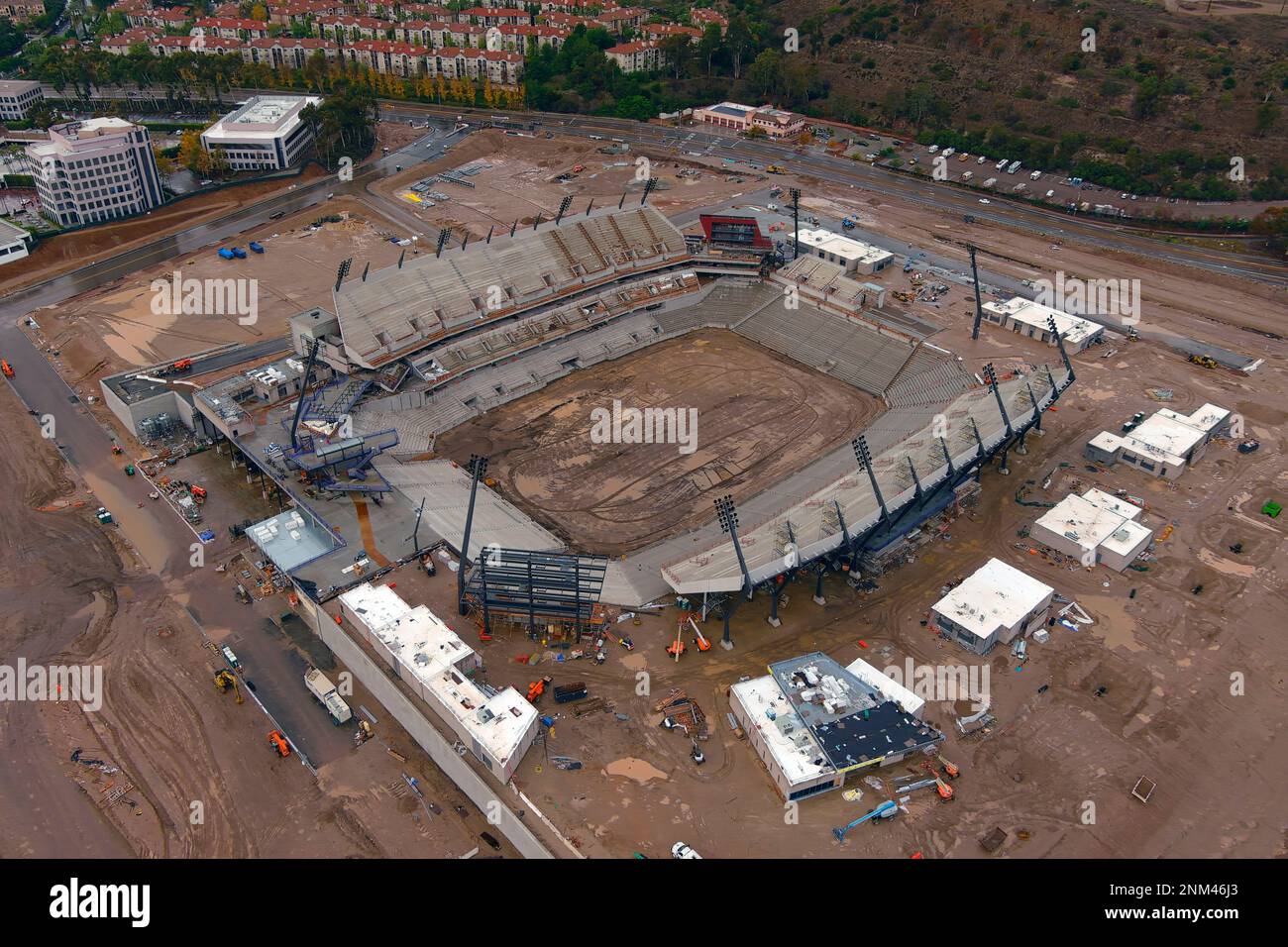An aerial view of the Snapdragon Stadium construction site on the ...