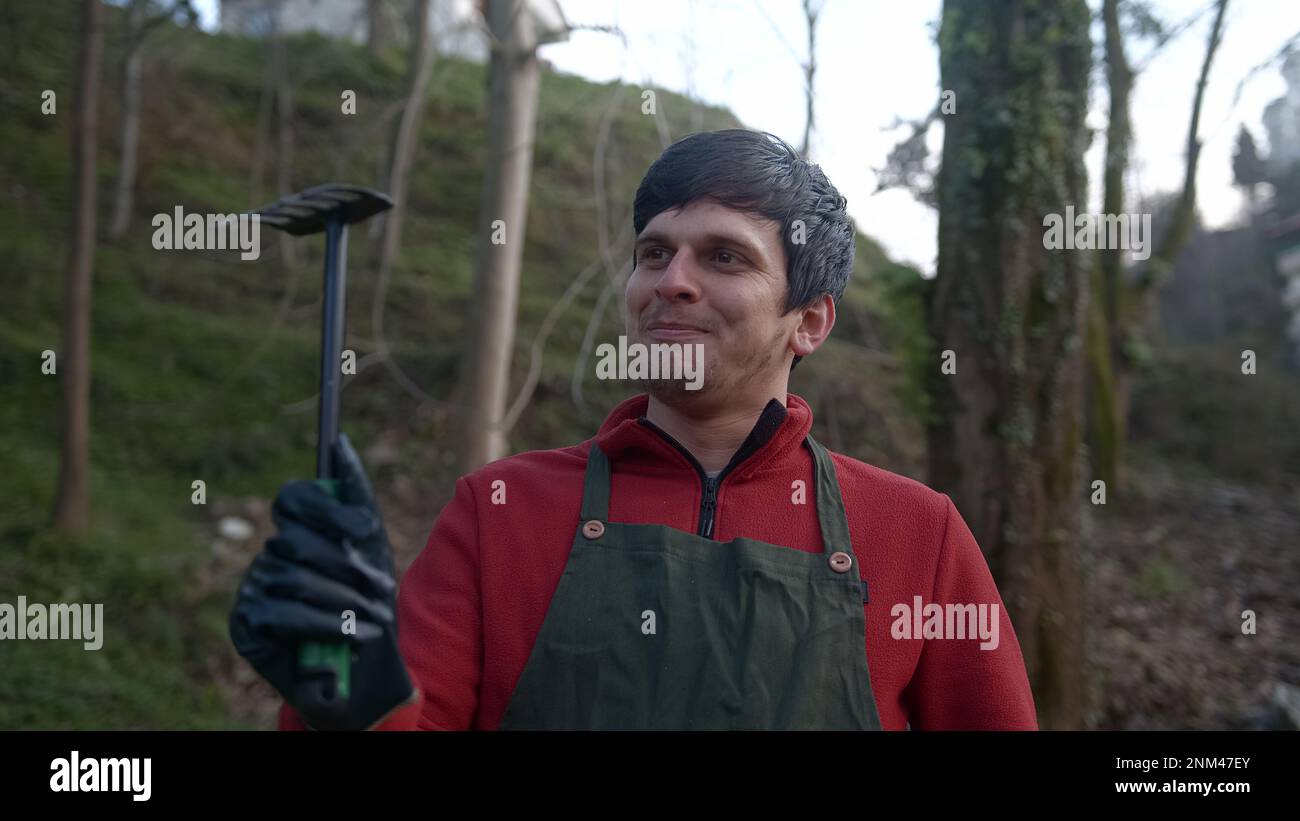 Farmer or Gardener Young Man in Red Dress With Green Apron, Pair ...
