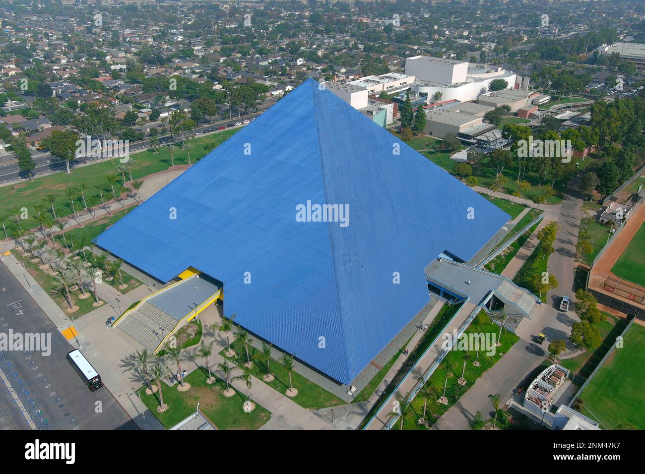 An aerial view of the Walter Pyramid on the campus of Long Beach State ...