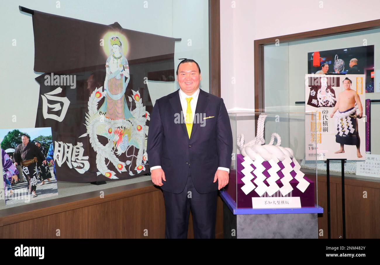 An exhibition of stable master Magaki, retired Mongolian Yokozuna Hakuho Sho, is opened to media ...
