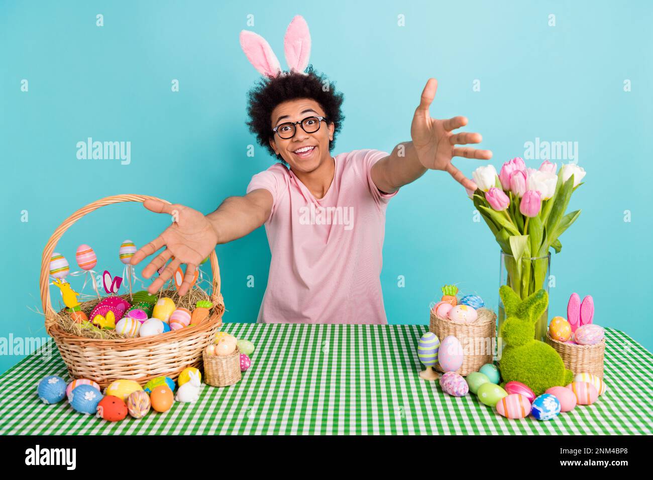 Photo of young guy spring feast easter holiday embrace you bunny ...