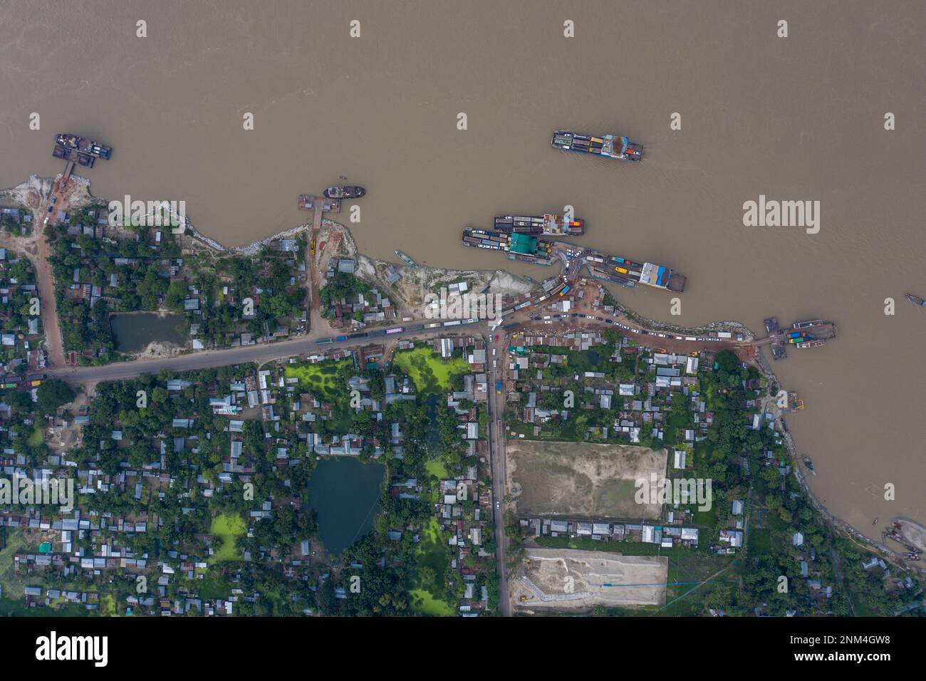 An aerial view of the Daulatdia Ferry Ghat at Daulotdia in Rajbari ...