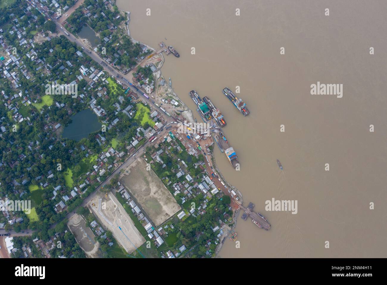 An aerial view of the Daulatdia Ferry Ghat at Daulotdia in Rajbari ...