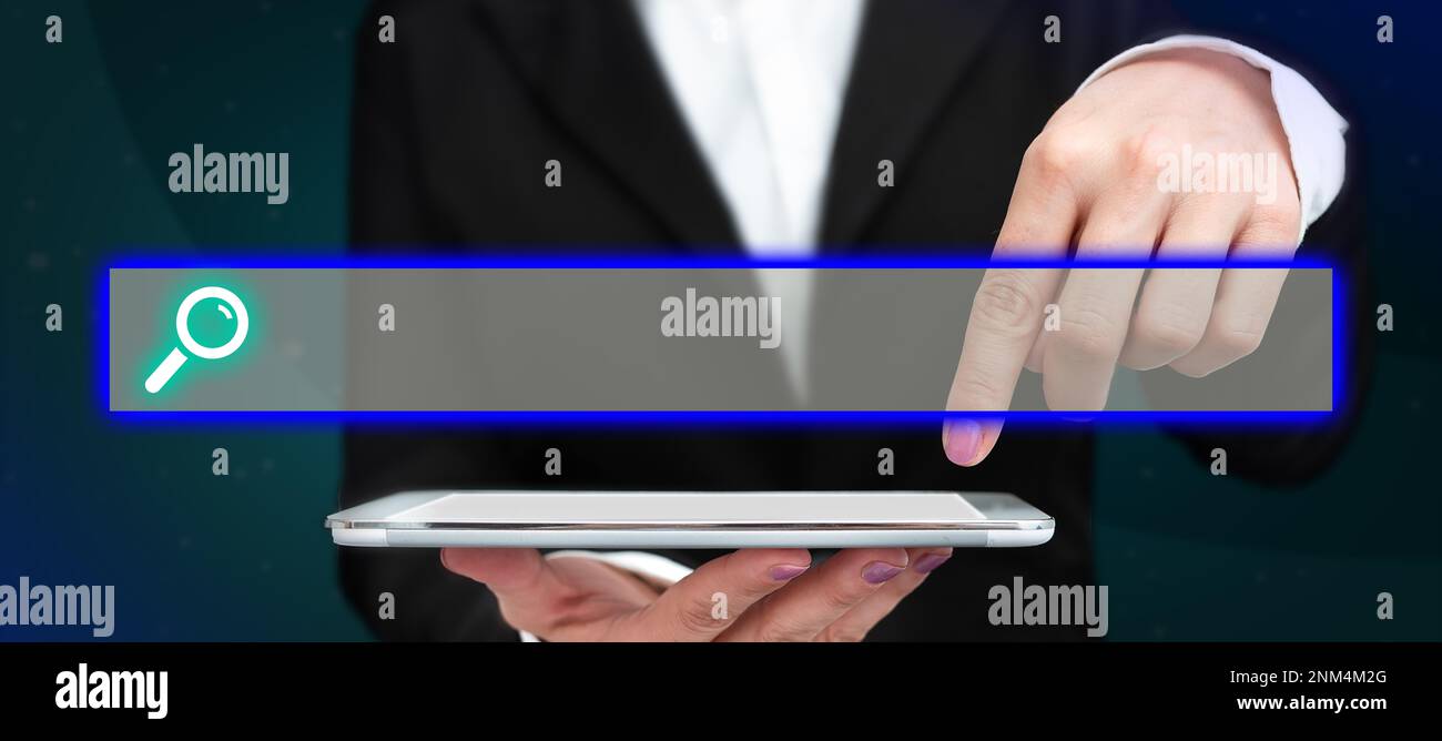 Lady In Office Suit Standing Pressing Virtual Button With Finger ...