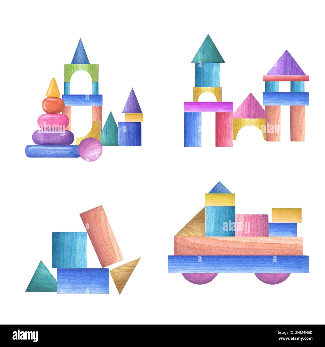 Watercolor illustration of a set of wooden building blocks isolated on ...