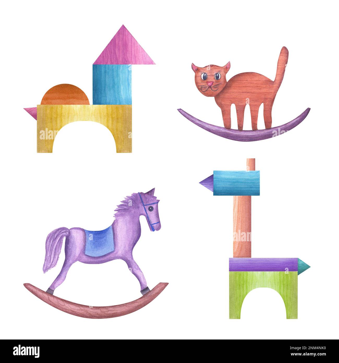 Set of watercolor wooden building blocks isolated on white background ...
