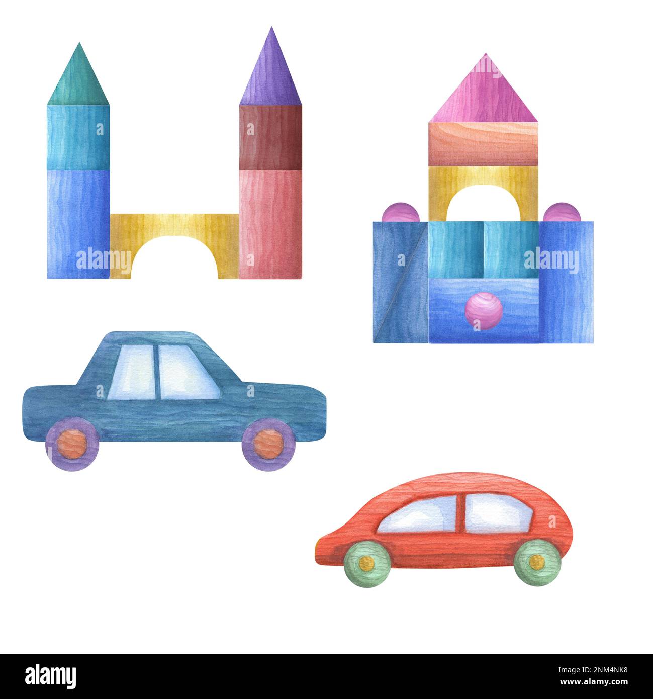 Watercolor illustration of a set of wooden building blocks isolated on ...
