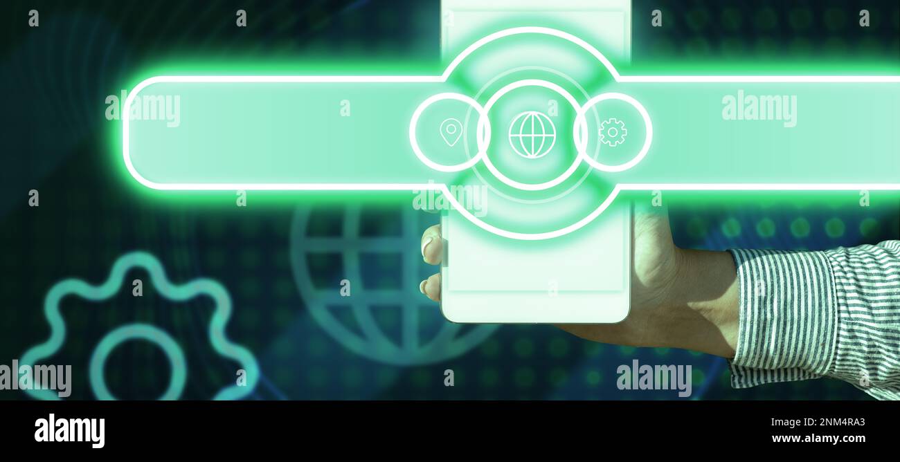 Hand Holding mobile phone presenting New Futuristic Technologies. Palm ...