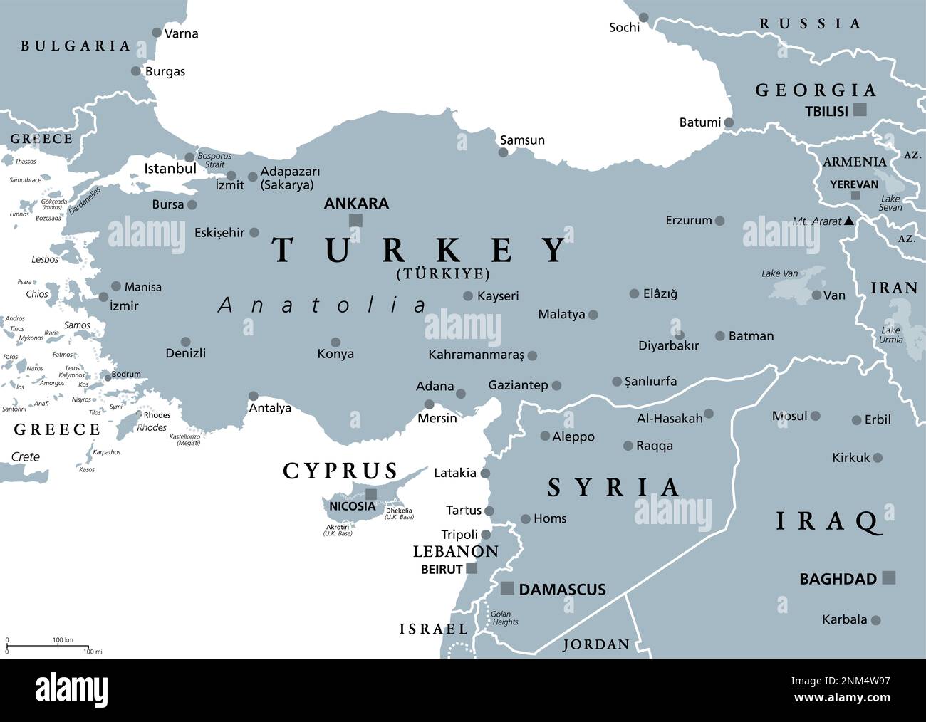 Turkey and Syria region, gray political map. Geographic area of ...