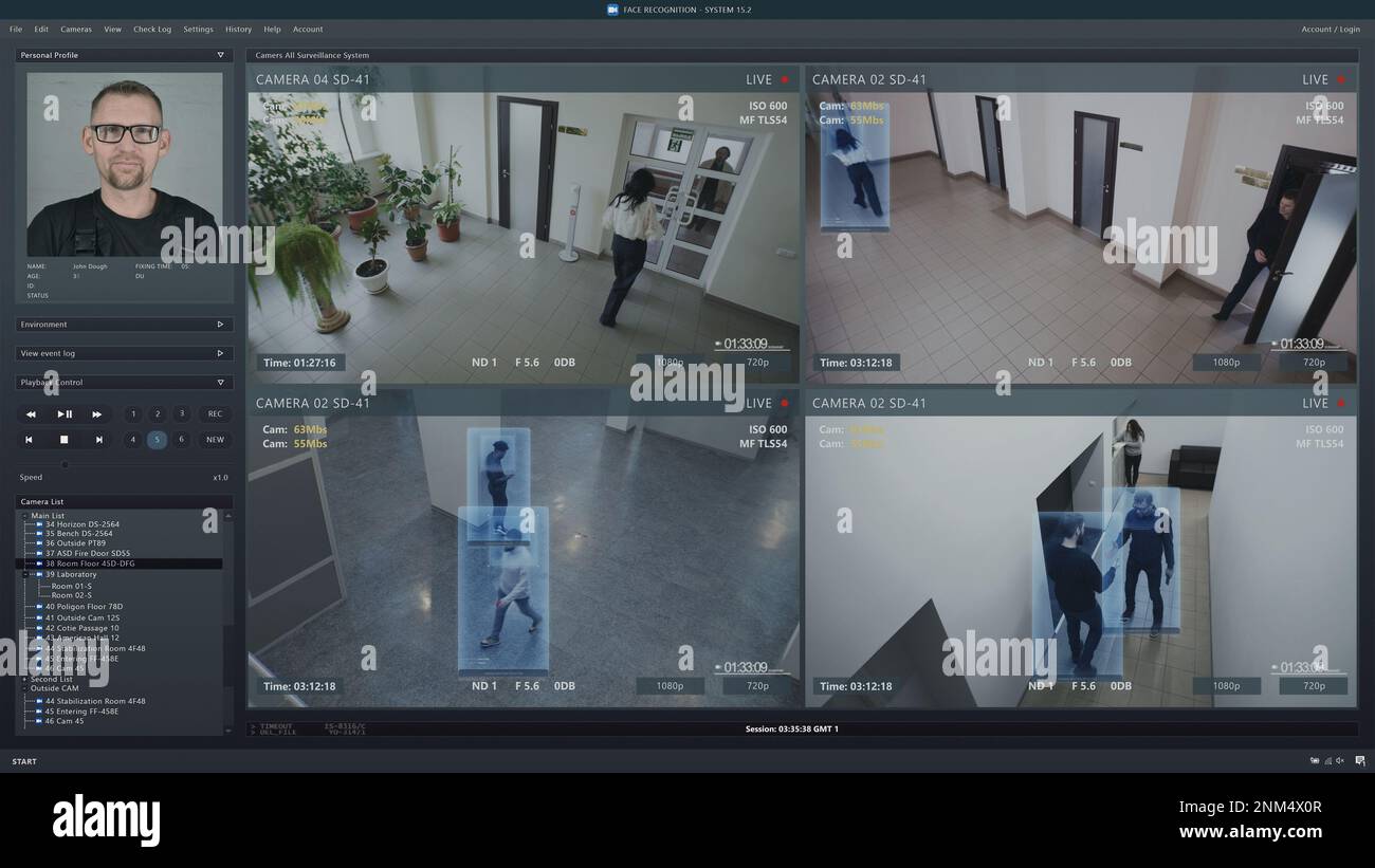 Playback office CCTV cameras on computer screen. Interface of AI ...