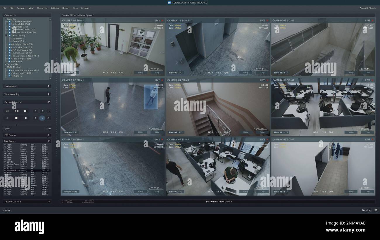 Playback CCTV cameras in office on computer screen. Surveillance ...