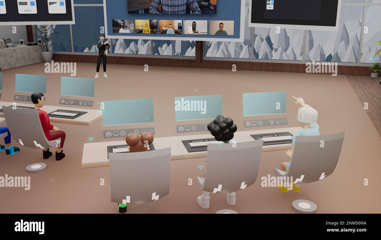 3d render of avatar presents new IT development to other avatars and to ...