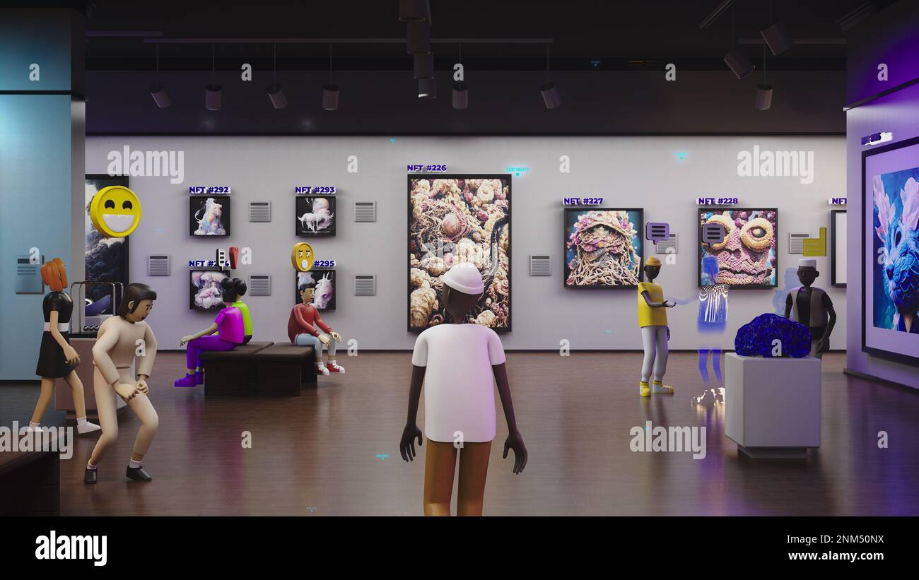 3D render of exhibition of NFT pictures in meta universe. 3D avatars with emotions icons walk in ...
