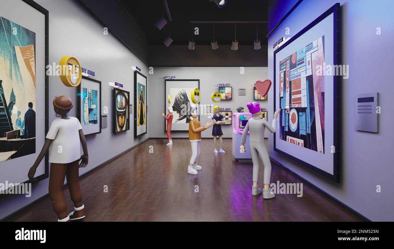 3D render of avatars with emotions icons looking at the NFT pictures in ...