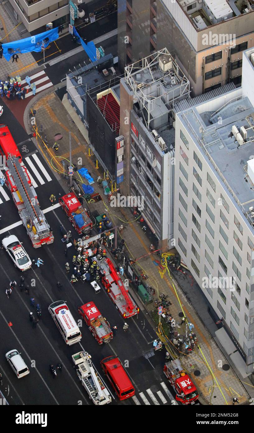 An aerial picture shows a fire site in Osaka City, Osaka Prefecture on ...