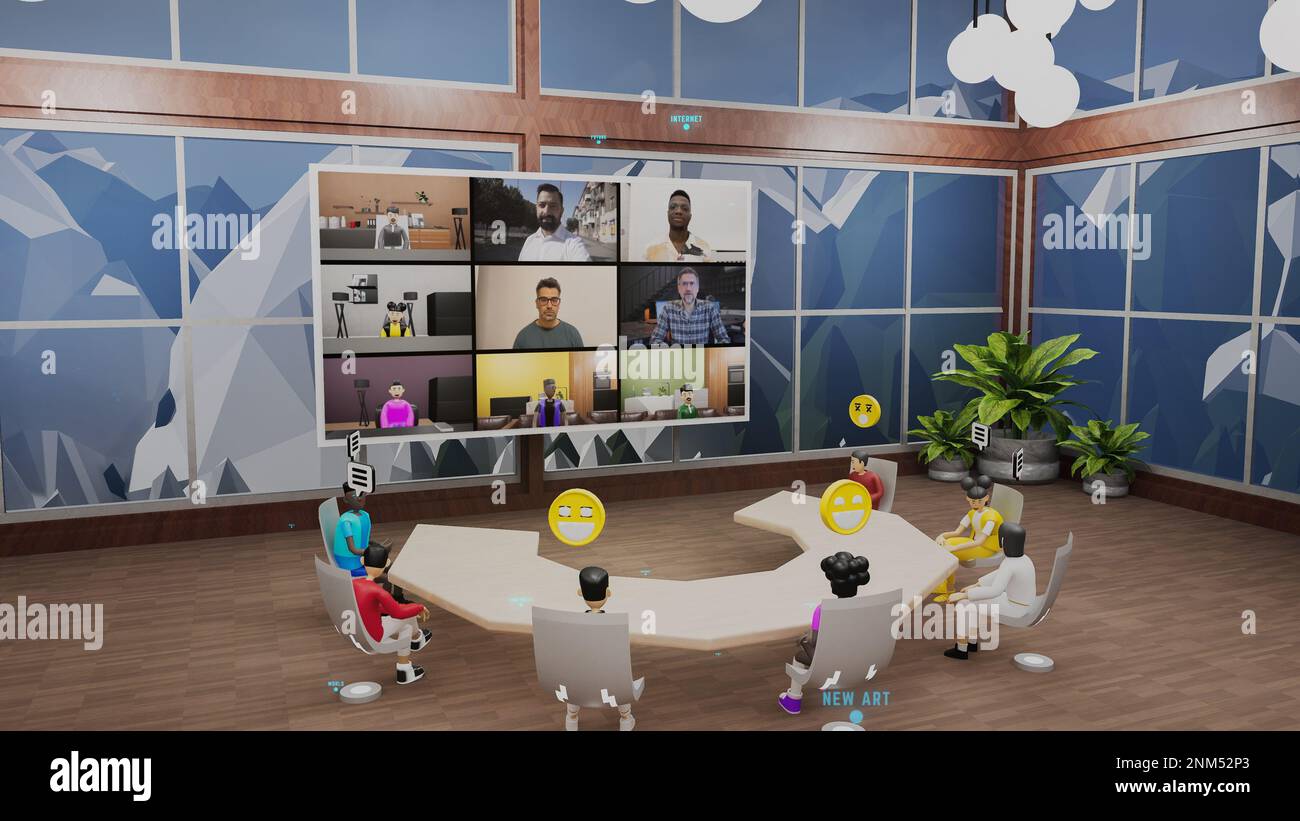 3D render of avatars talk with people by video in meta universe ...