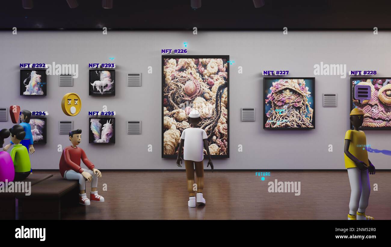 3D render of exhibition of NFT pictures in meta universe. 3D avatars ...