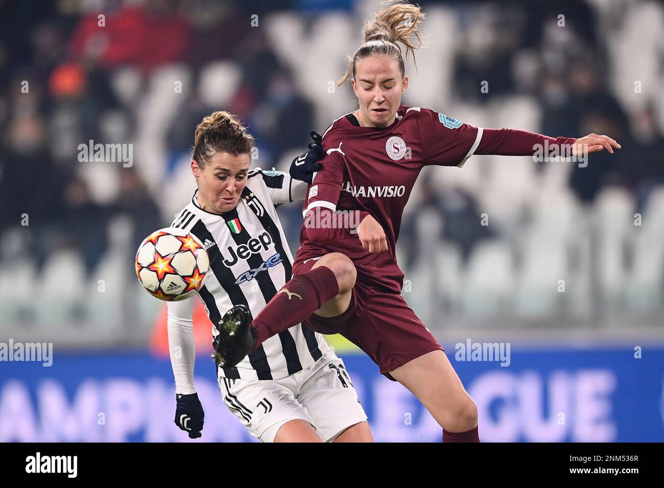 Juventus' Cristiana Girelli, left, and Laura Felber of Servette battle ...