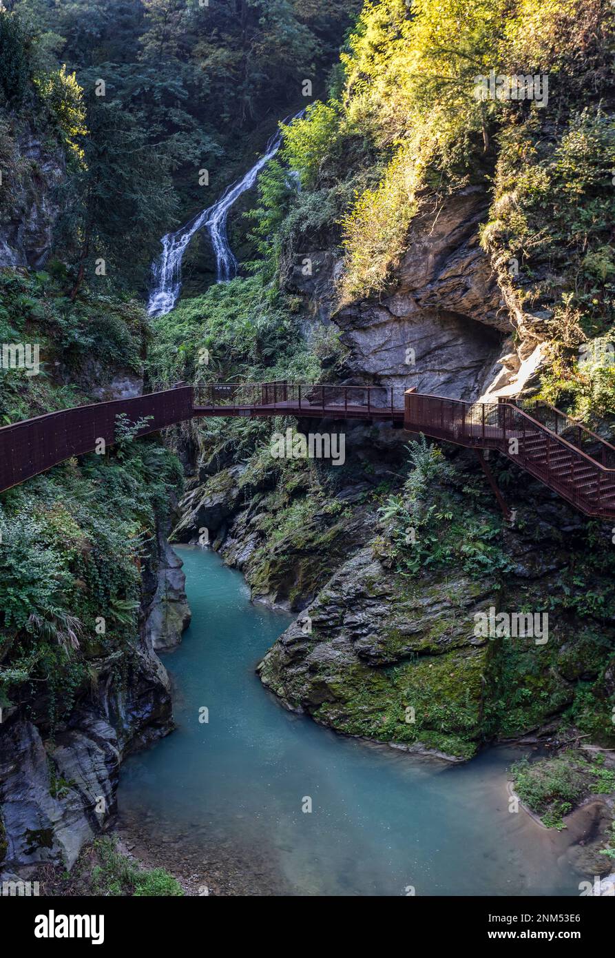 river and waterfall in the orrido gorge at bellano on lake como Stock ...