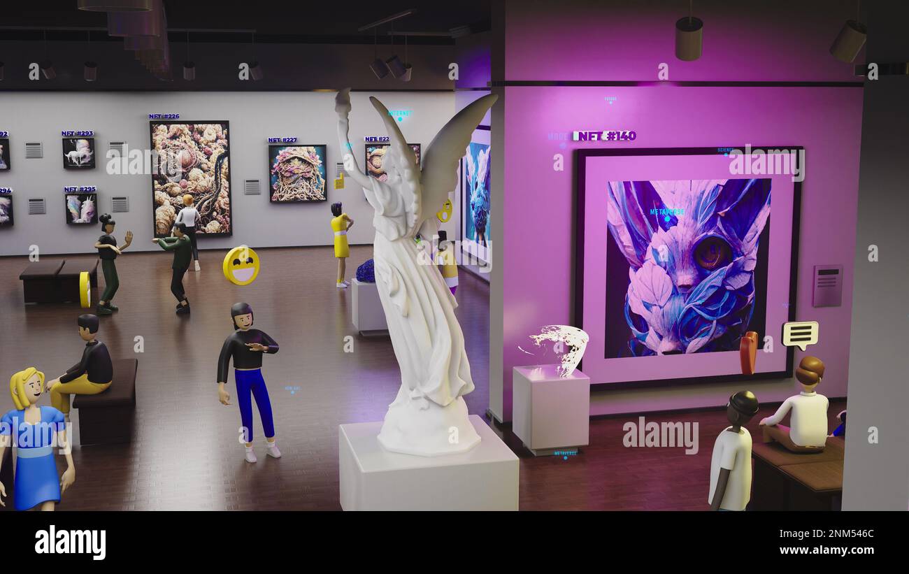 3D Render of avatars with emotions icons walk in futuristic immersive ...