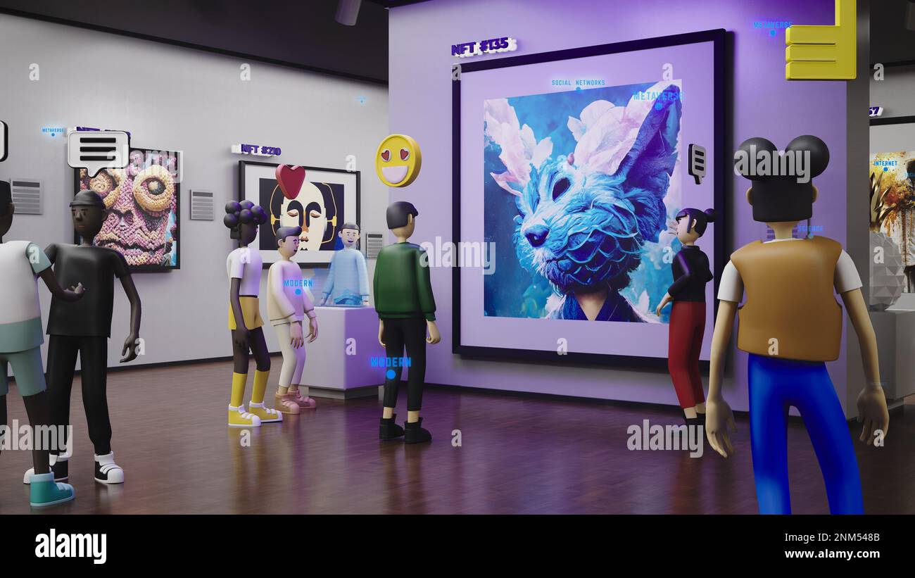 3D Render of avatars with emotions icons walk in futuristic immersive ...